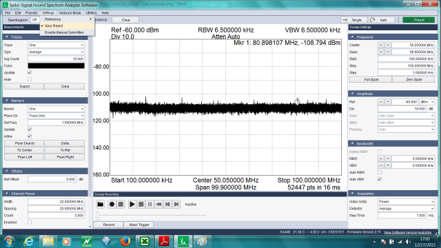 6_5kHz-RBW_VBW-Ref-60dBm-100kHz-100MHz-50ohm-load-average | Signal Hound